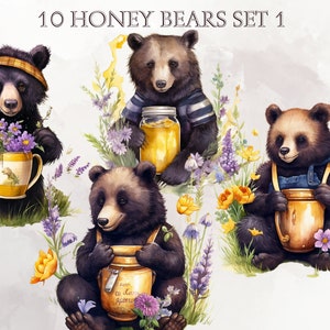 Watercolor Black Bears Clipart Bundle Honey Bear Theme With Floral ...