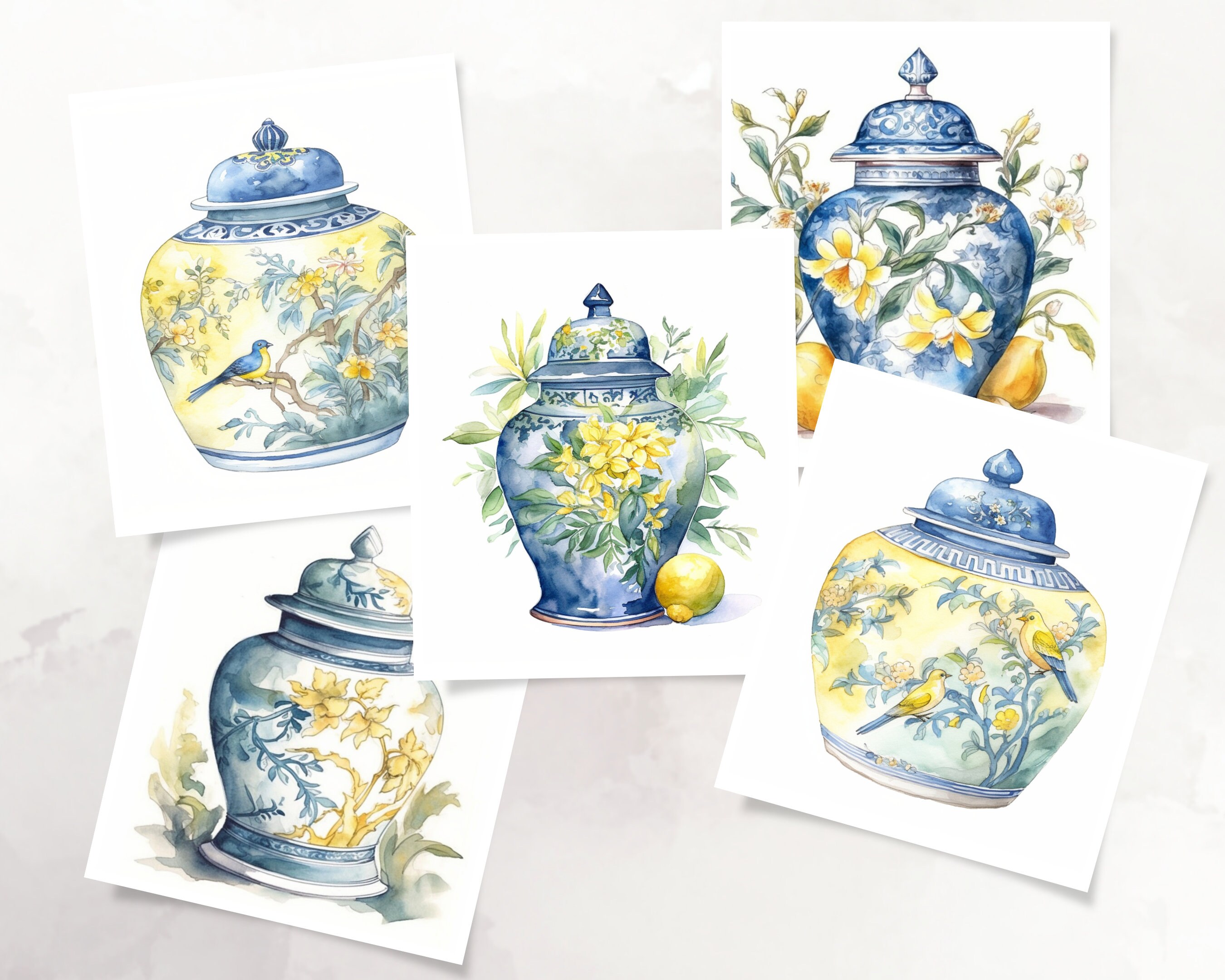 Blue Ginger Jars With Lemons Digital Art Illustration Bundle - Etsy