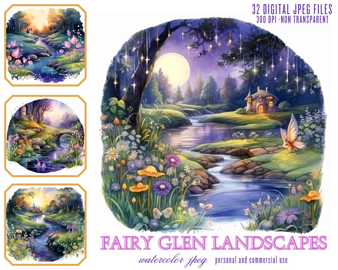 Watercolor Enchanted Fairy Forest Landscape Fantasy Clipart Magical ...