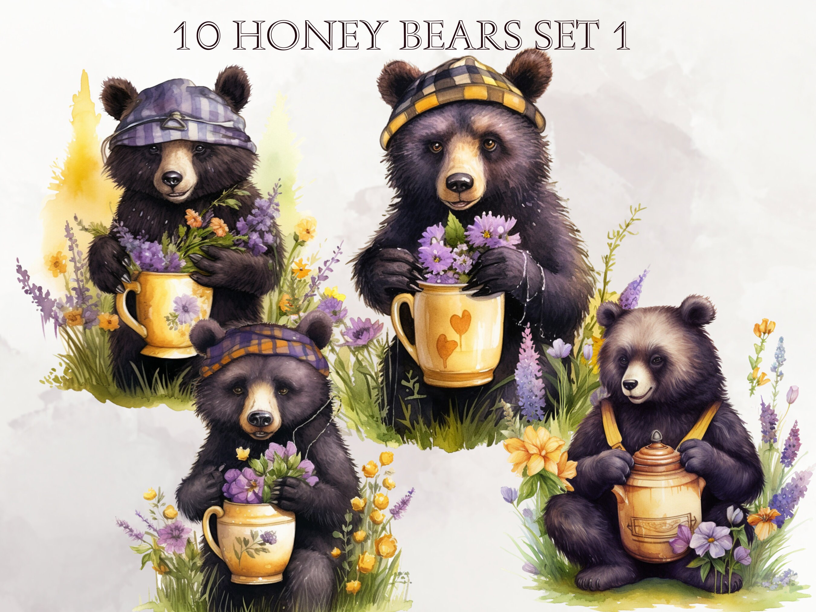 Watercolor Black Bears Clipart Bundle Honey Bear Theme With - Etsy