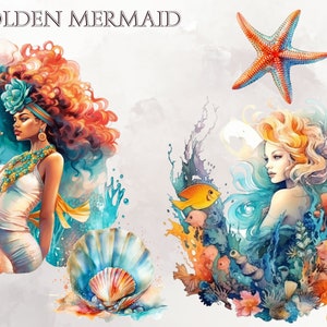 Golden Mermaid Clipart PNG Bundle Watercolor Black Mermaid Underwater ...