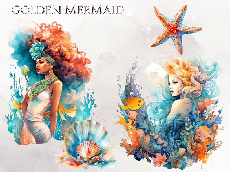 Golden Mermaid Clipart PNG Bundle Watercolor Black Mermaid - Etsy