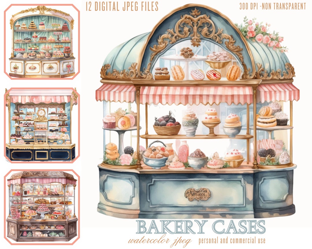 Watercolor Bakery Case Clipart: Paris Cafe Illustration Bundle (jpgs ...