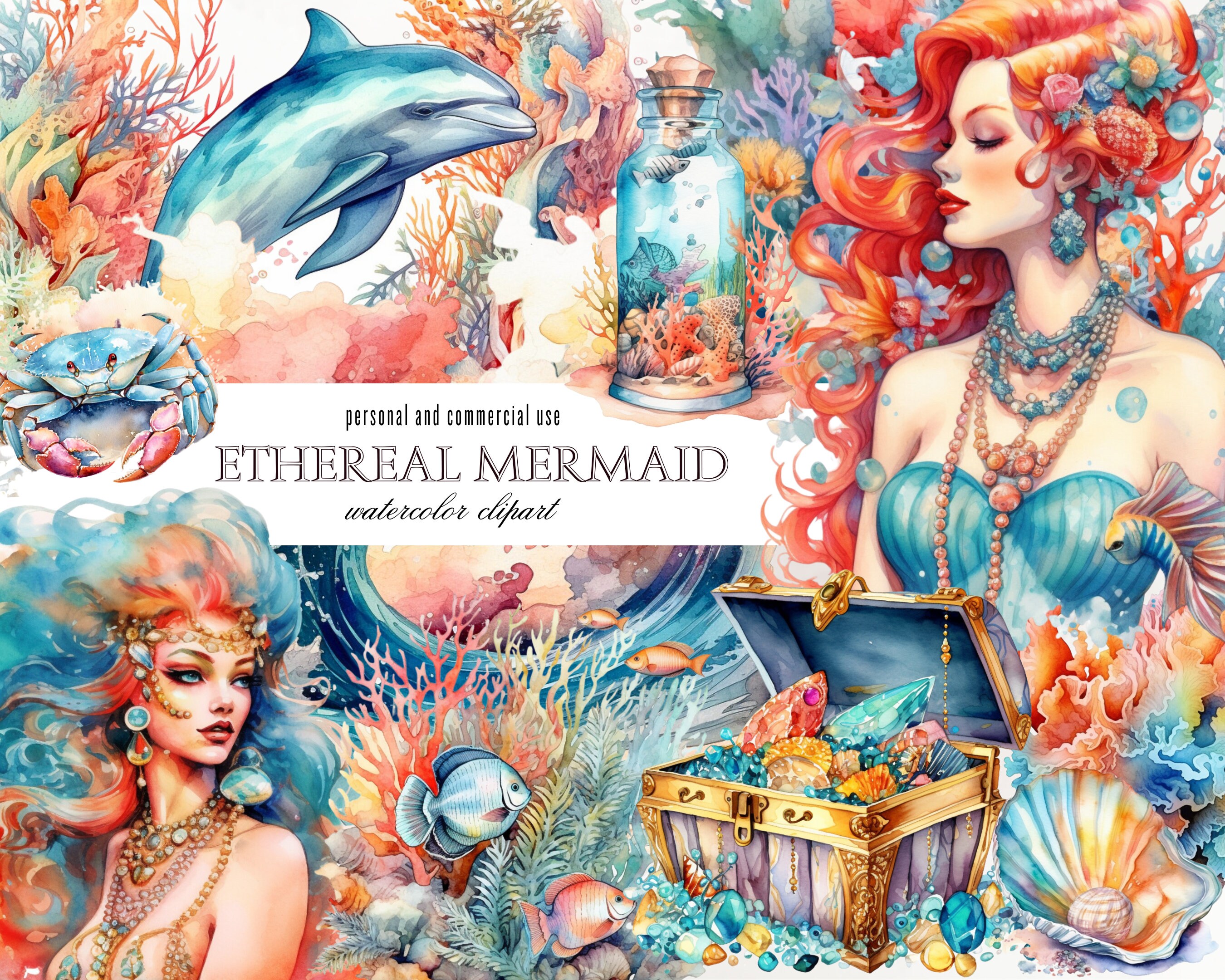 Ethereal Mermaid Clipart PNG Bundle Watercolor Underwater - Etsy