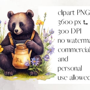 Watercolor Black Bears Clipart Bundle Honey Bear Theme With Floral ...