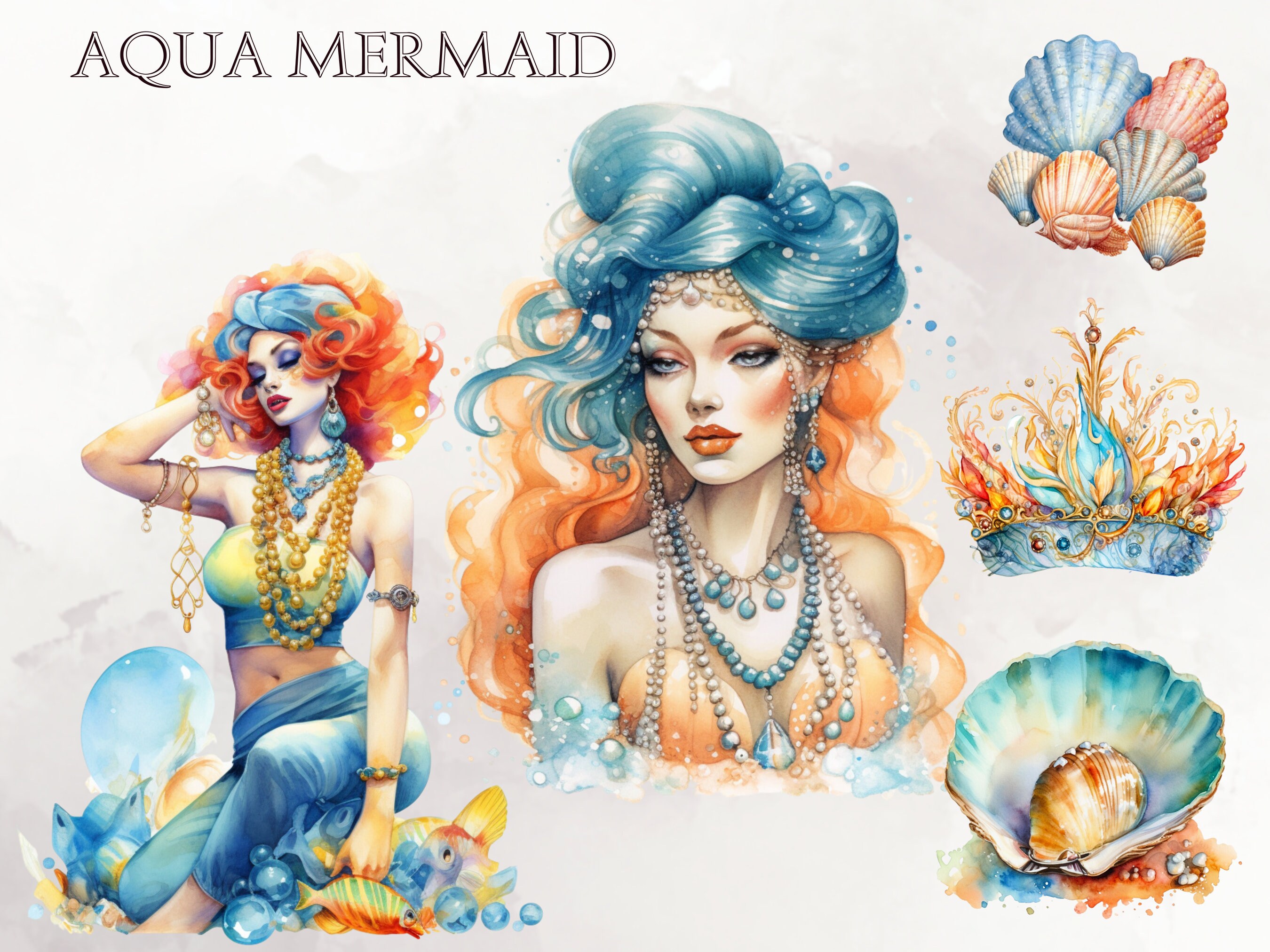 Aqua Mermaid Clipart PNG Bundle Watercolor Underwater Mermaids - Etsy ...