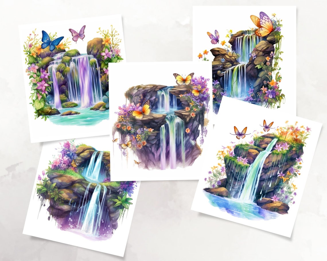 Magical Waterfall Fairy Fantasy Clipart Watercolor Landscape - Etsy