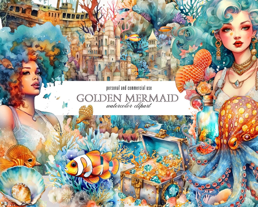 Golden Mermaid Clipart PNG Bundle Watercolor Black Mermaid Underwater ...