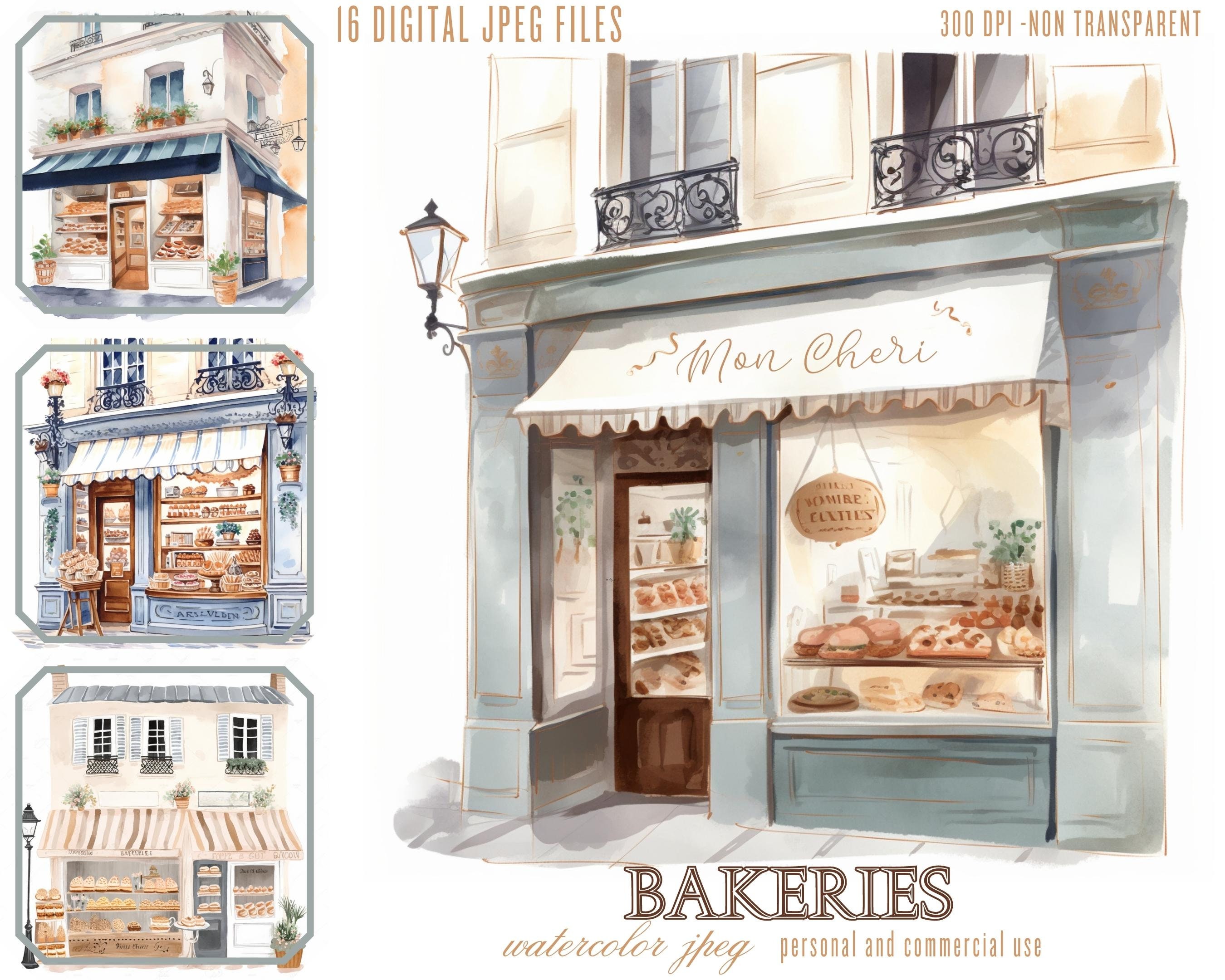 Watercolor Bakery Cake Shop Clipart Storefront Paris Cafe - Etsy