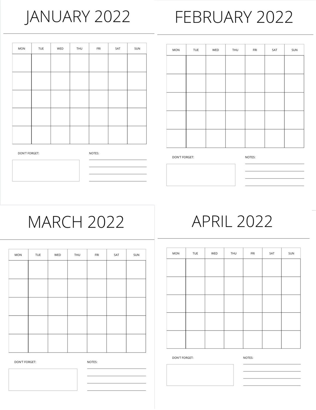 2022 Printable Calendar, Simple Calendar, Minimalistic Calendar - Etsy