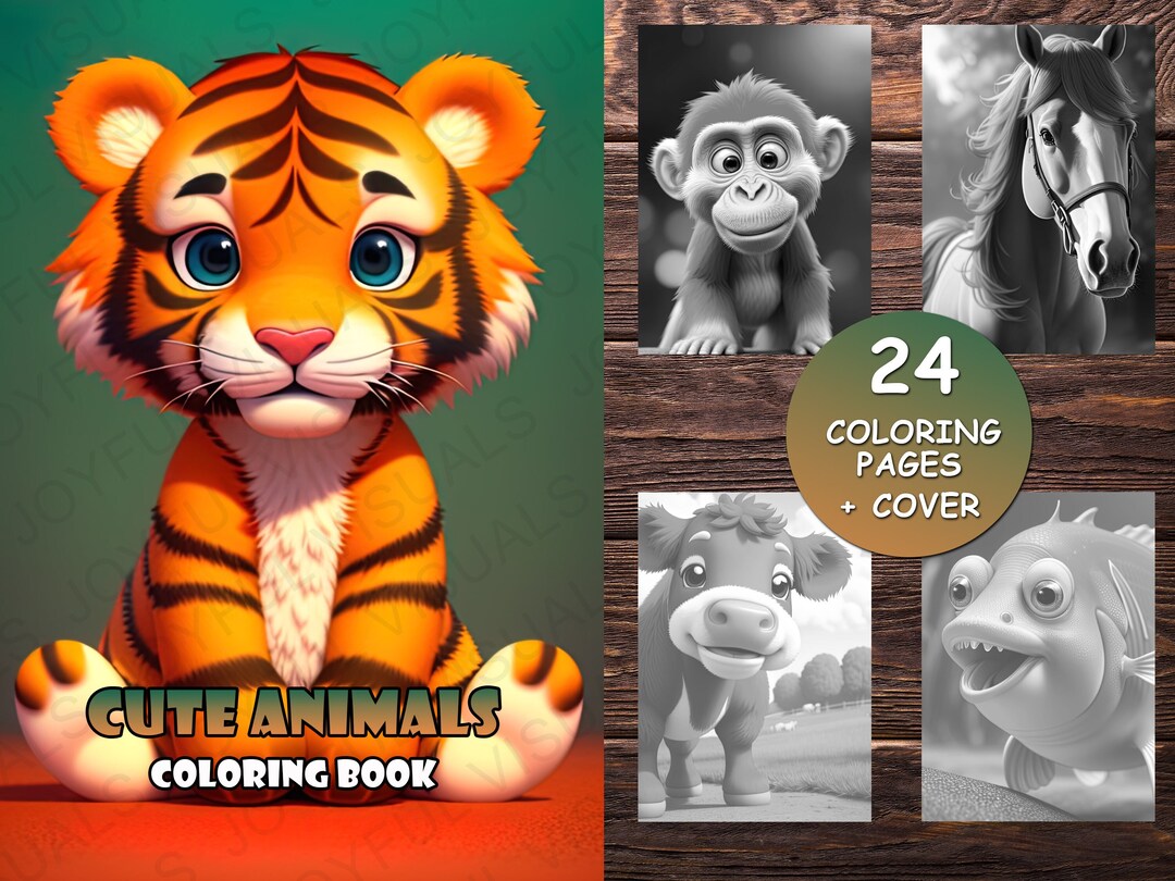 24 CUTE ANIMALS Coloring Page Book, Adults Kids Instant Download ...