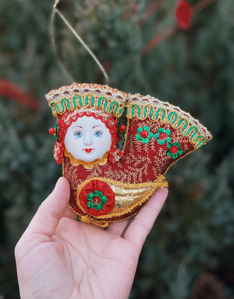 Sirin Bird Ornament 4, Cloth & Porcelain Doll, Slavic Folk Art, Textile ...