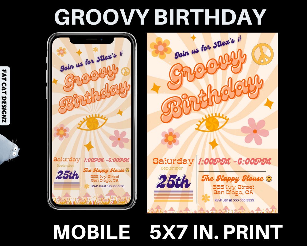 Groovy Birthday Invitation Template, 70s Themed Birthday Invitation ...