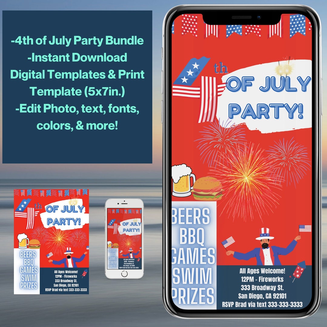 4th of July, 4th of July Invite, Independence Day, Fourth of July, 4th ...