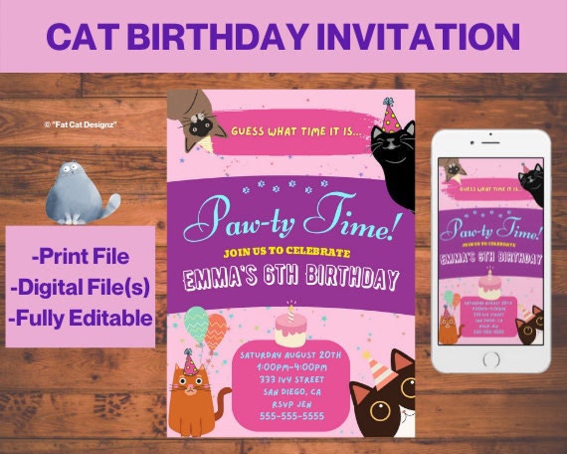 Cat Themed Editable Birthday Party Template Kitten Birthday Invitation ...