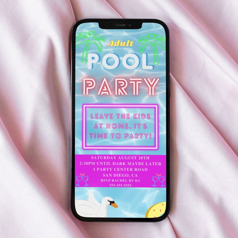 Adult Summer Pool Party Electronic Invitation Template Editable Digital