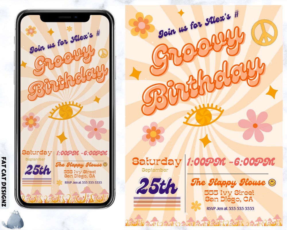Groovy Birthday Invitation Template, 70s Themed Birthday Invitation ...