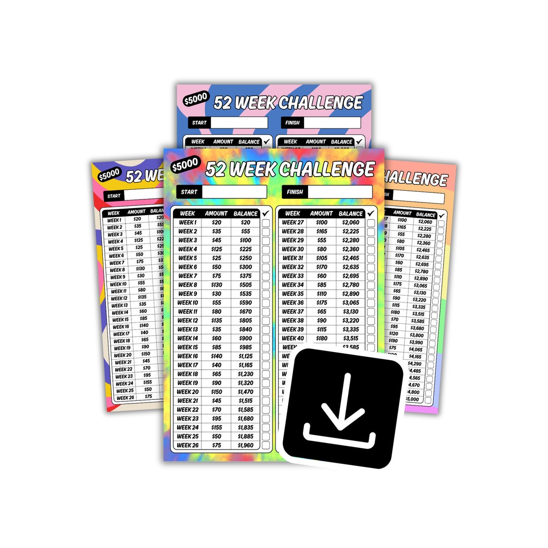 52 Week Savings Challenge | 5000 Dollar | 4 Designs Included | A4 | US ...