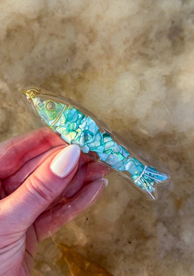 Resin Sardine Keychain: Abalone Stone, Hand-painted Ocean Hanger - Etsy