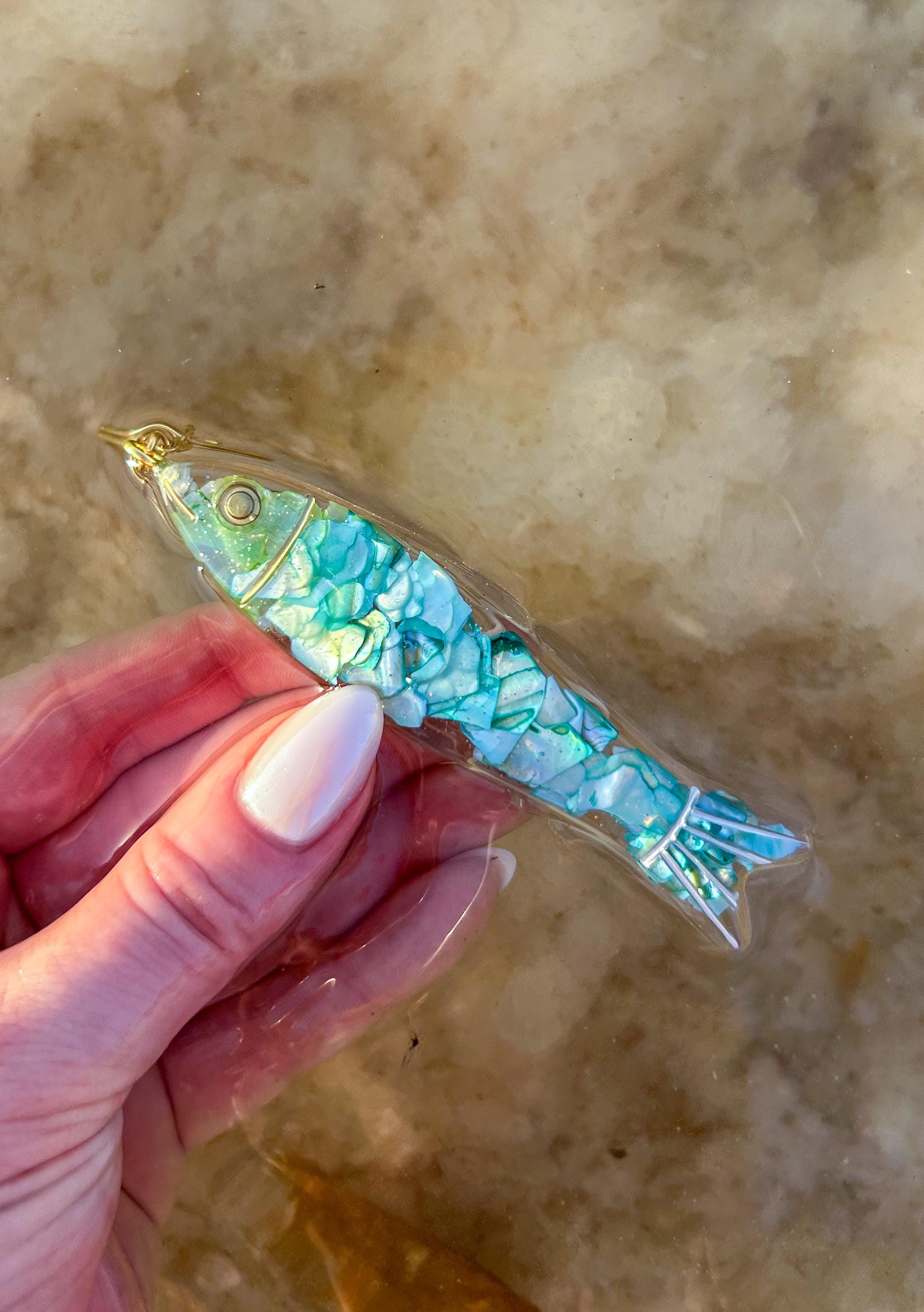 Resin Sardine Keychain: Abalone Stone, Hand-painted Ocean Hanger - Etsy
