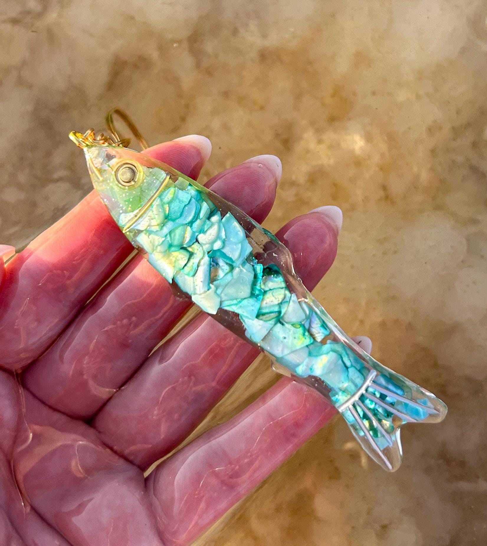 Resin Sardine Keychain: Abalone Stone, Hand-painted Ocean Hanger - Etsy