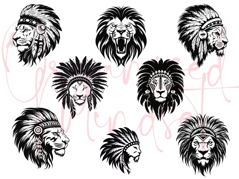 Lion Head With Tribal Headpiece SVG Bundle. Use as Digital Art, Clip ...