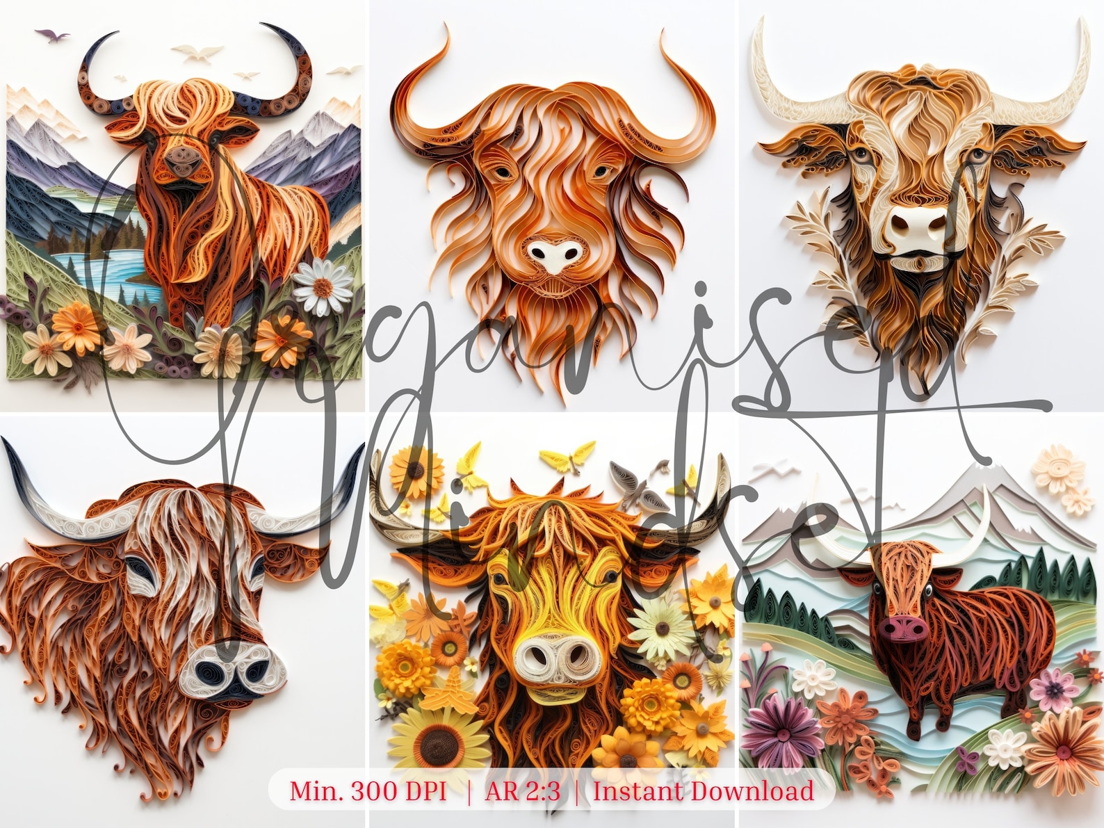 Highland Cow Quilling Art Bundle - PNG - Wall Art, Digital Art, Clip ...