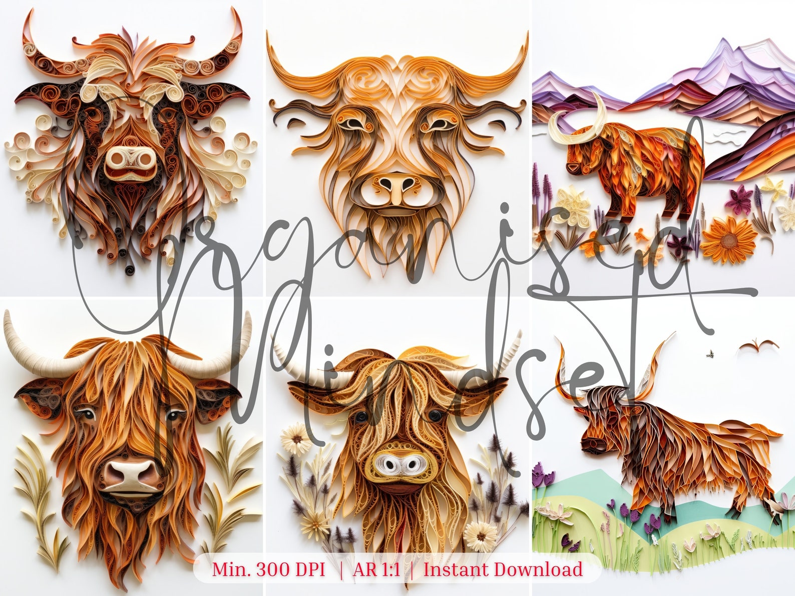 Highland Cow Quilling Art Bundle - PNG - Wall Art, Digital Art, Clip ...