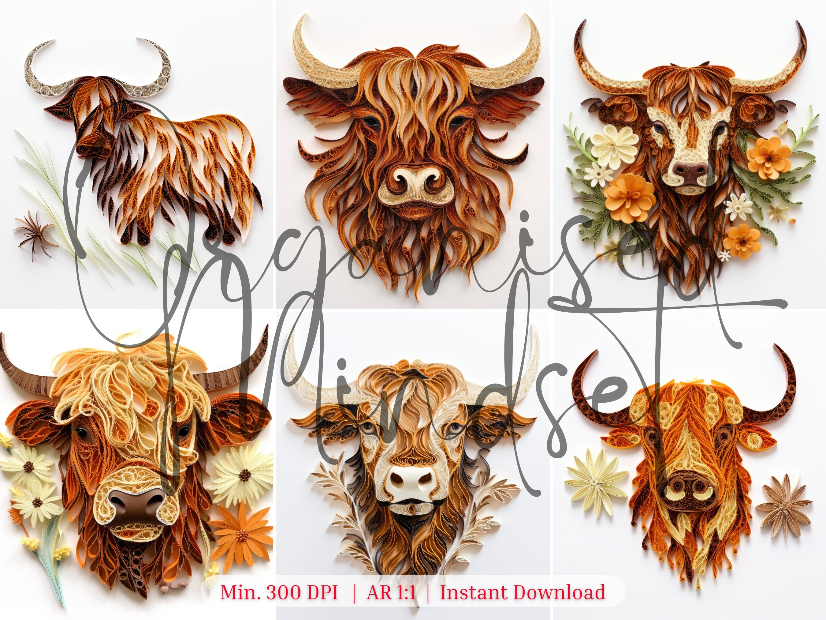 Highland Cow Quilling Art Bundle - PNG - Wall Art, Digital Art, Clip ...