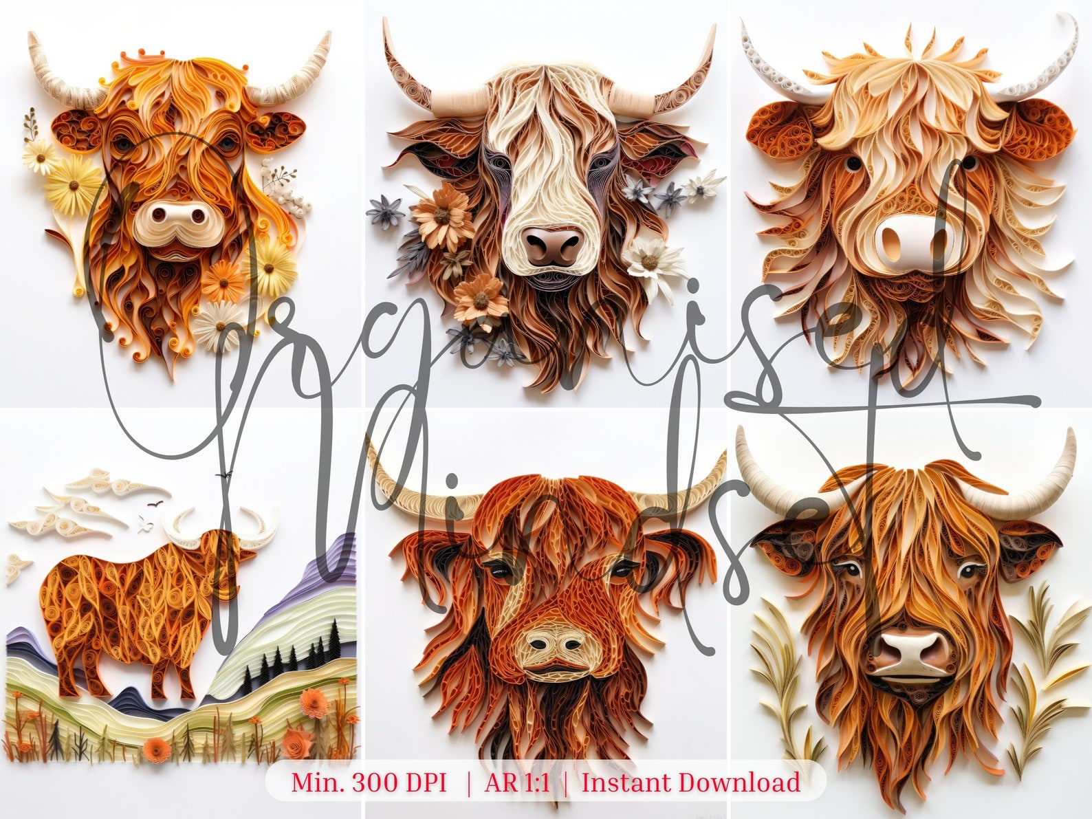Highland Cow Quilling Art Bundle - PNG - Wall Art, Digital Art, Clip ...