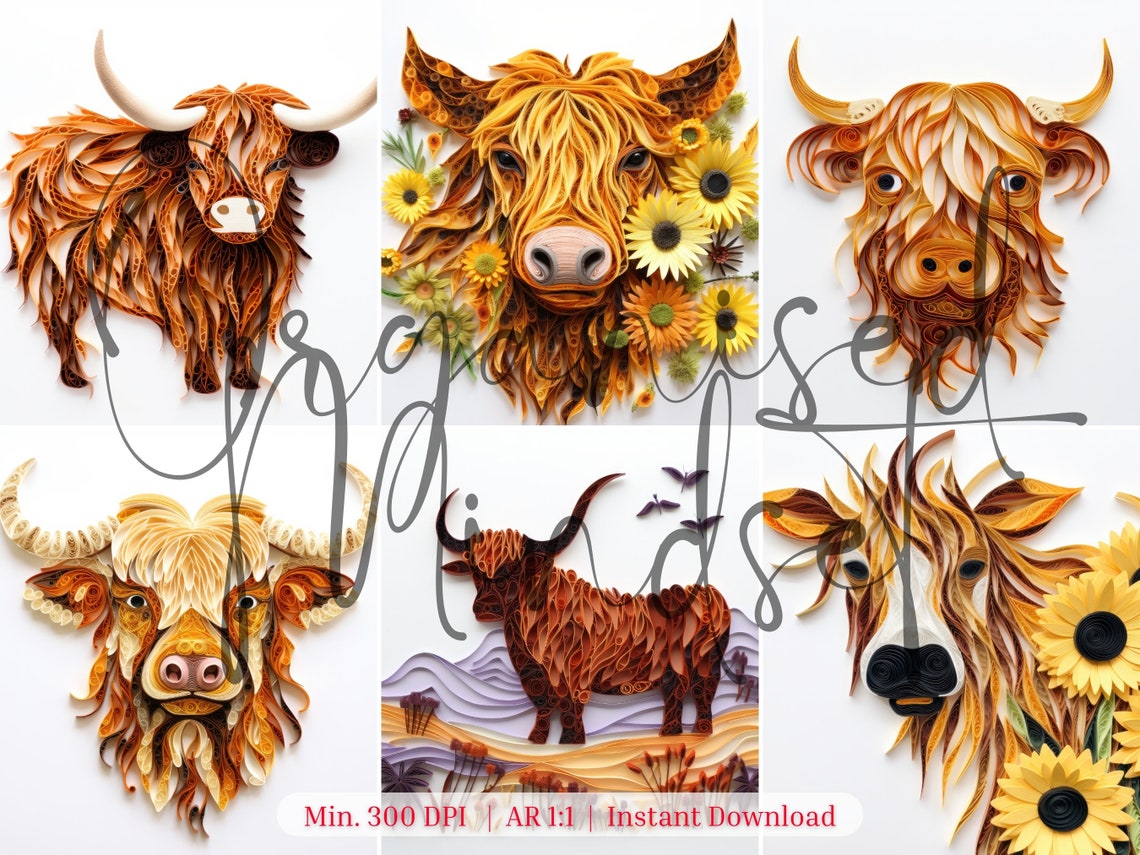 Highland Cow Quilling Art Bundle PNG Wall Art, Digital Art, Clip Art ...