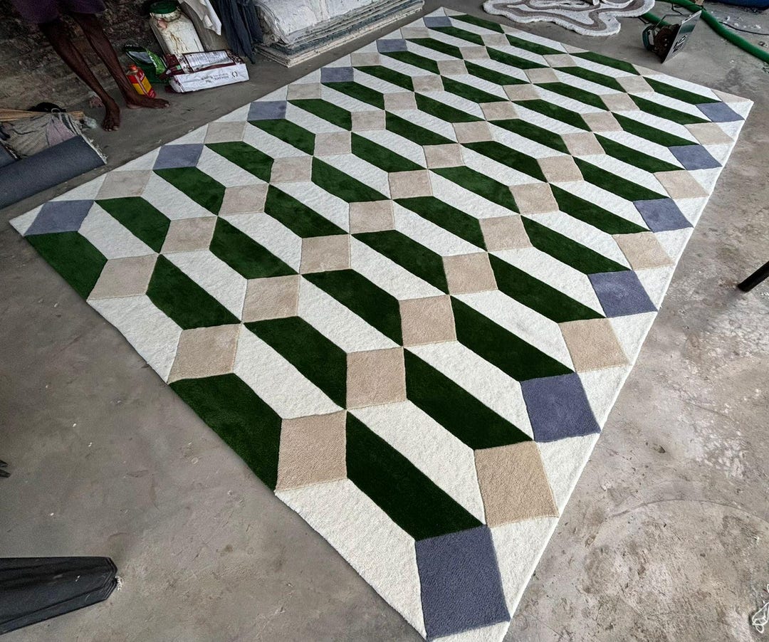 Emerald Green Tufted Rugs Faceted Tile Rug 5x8 6x9 8x10 9x12 Wool Rugs ...