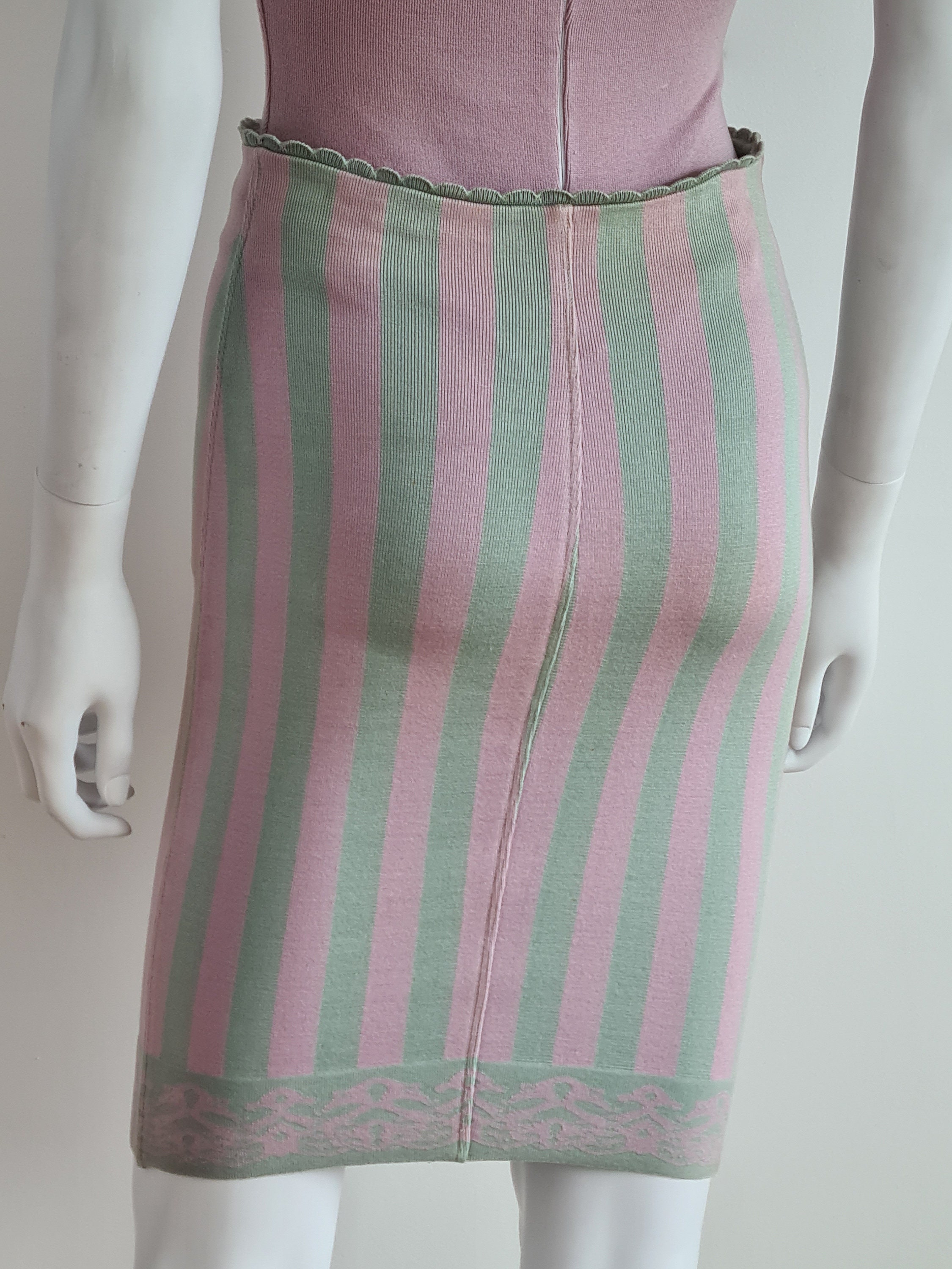 Alaïa S/S 1992 Rococo Green and Pink Striped Stretch Bandage Knit Skirt ...