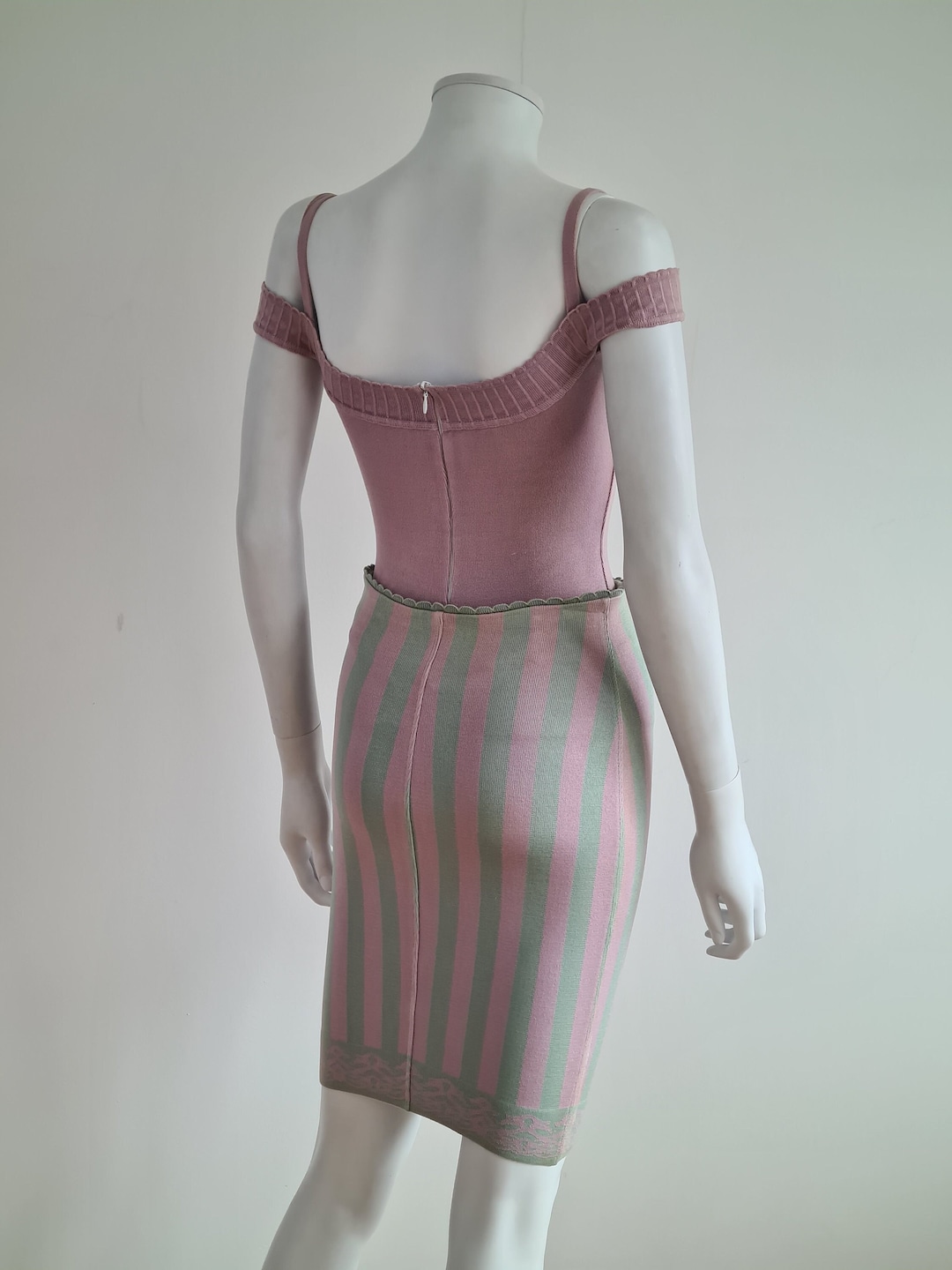 Alaïa S/S 1992 Rococo Green and Pink Striped Stretch Bandage Knit Skirt ...