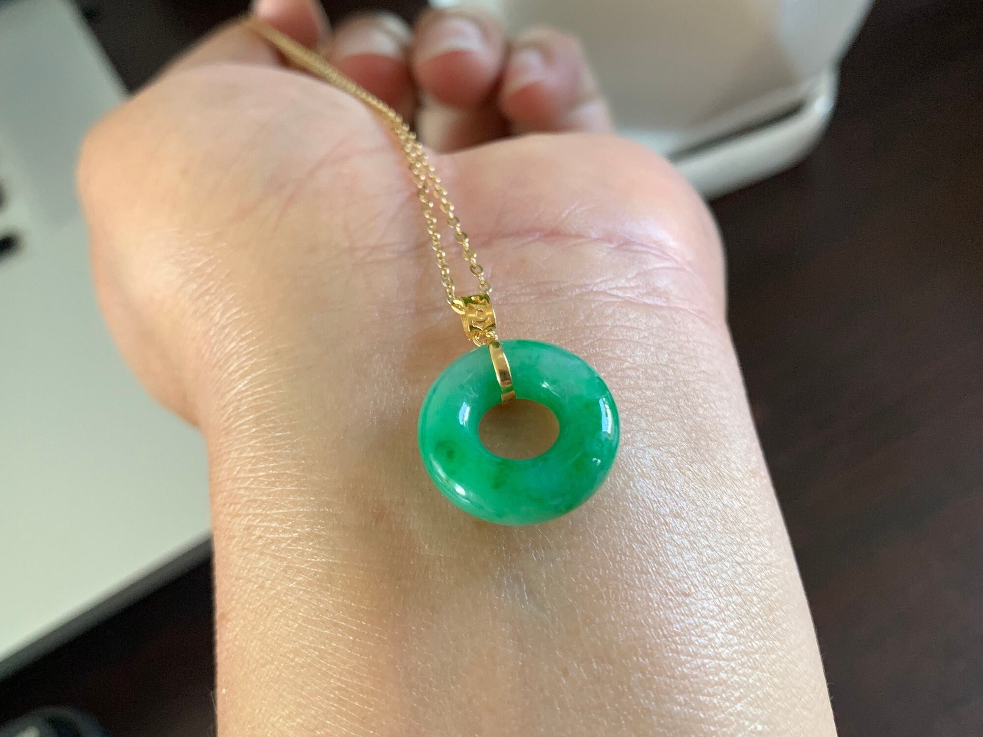 Certified Myanmar Natural Icy Green Jadeite Jade Donut Circle 18k Gold ...