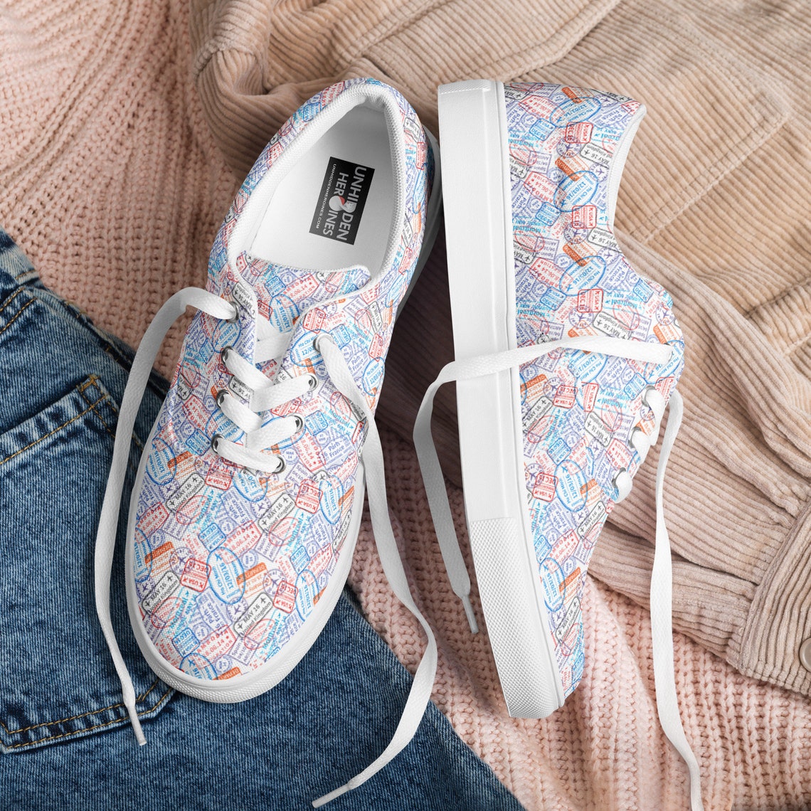 Passport Stamps Printed Lace-up Sneakers Women, Low-top Wanderlust ...