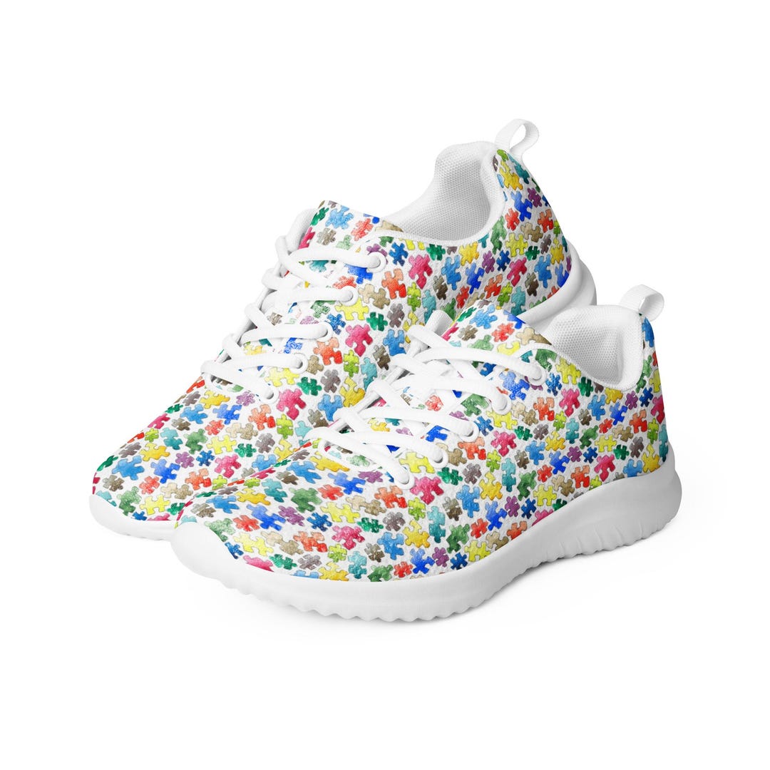 Jigsaw Puzzle Pieces Printed Men's Athletic Shoes, Gym Fitness Shoes ...