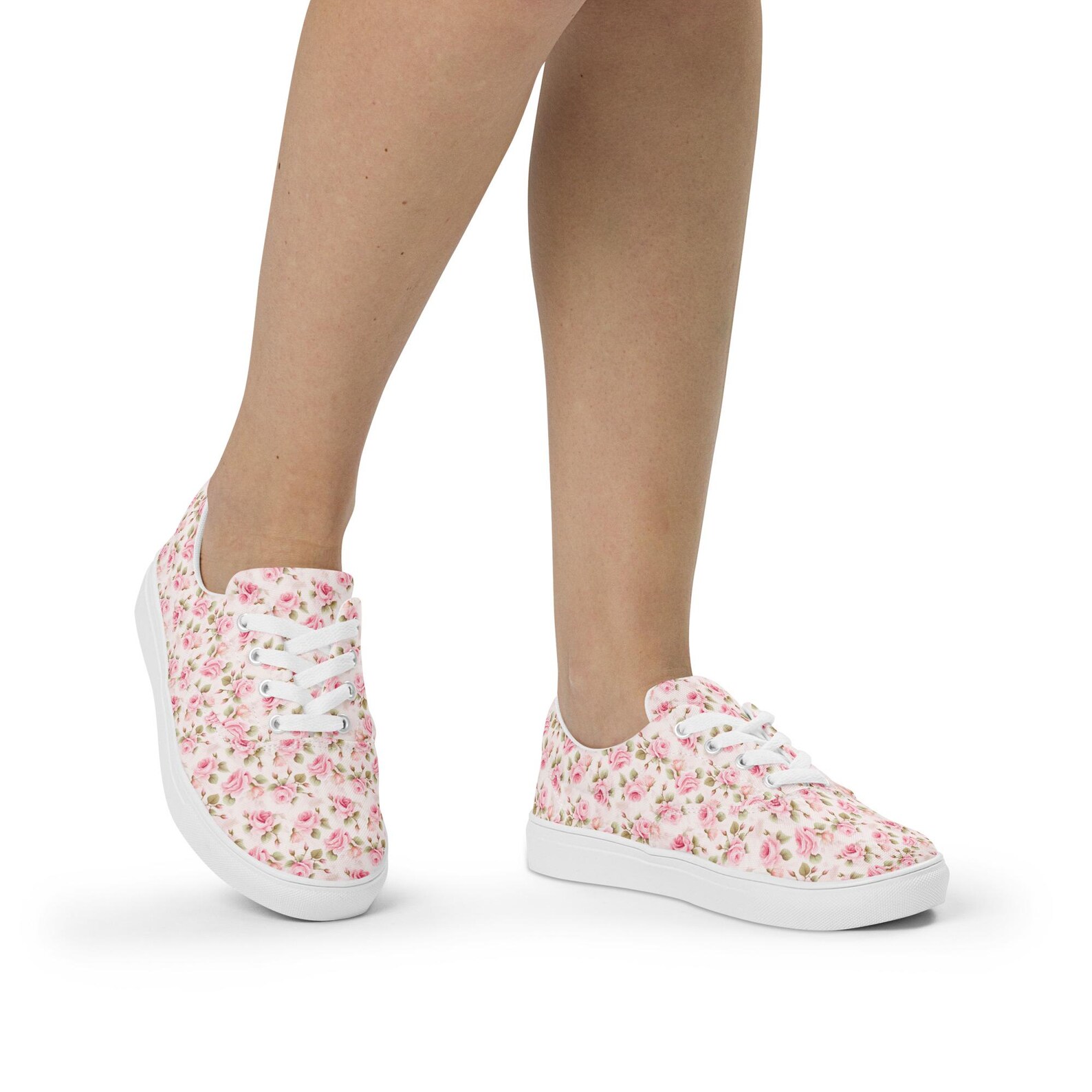Pastel Pink Rose Flowers Printed Women's Canvas Shoes, Low-top Lace-up ...