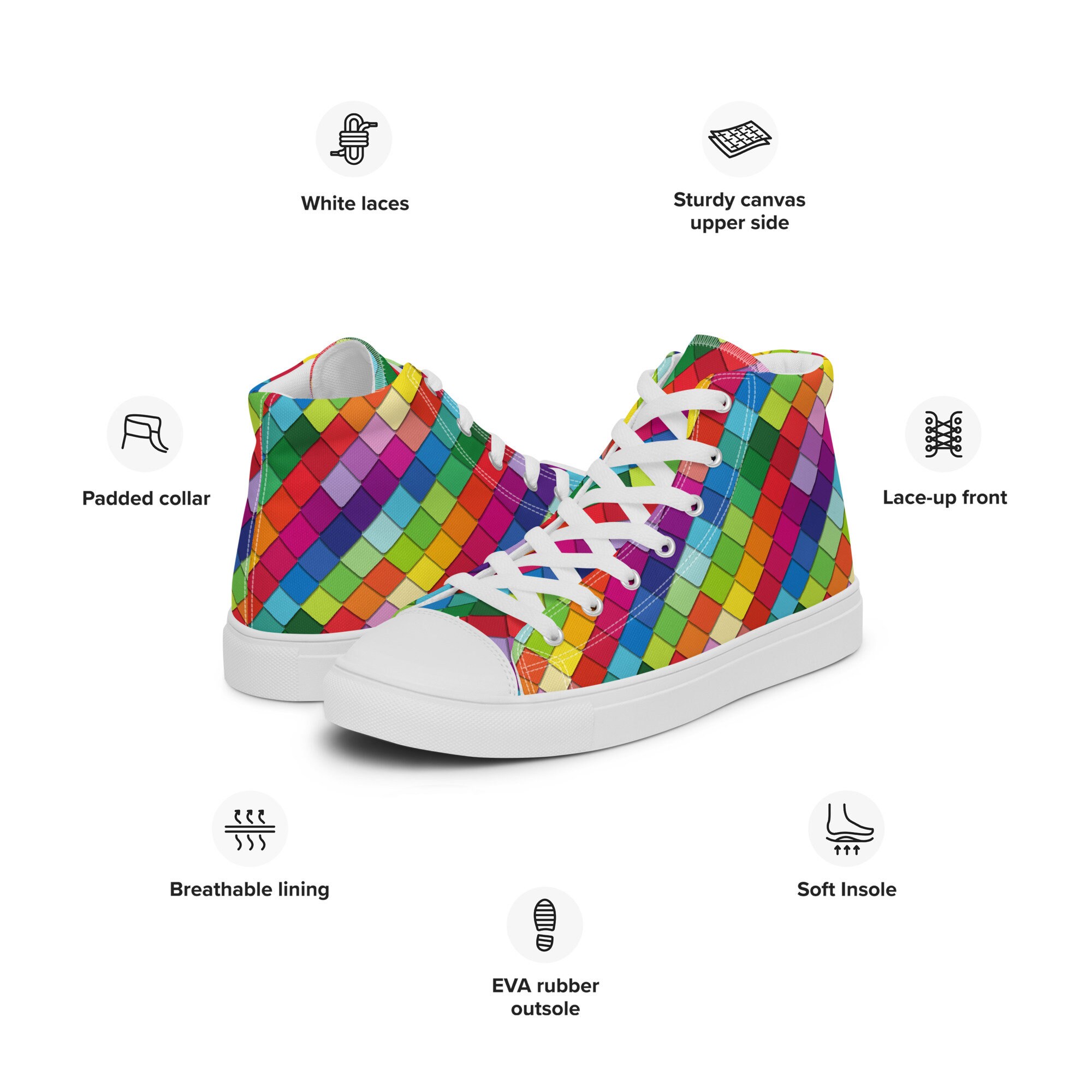 Women's Rainbow Checkered Pride Flag Sneakers, Lace up High Top Canvas ...