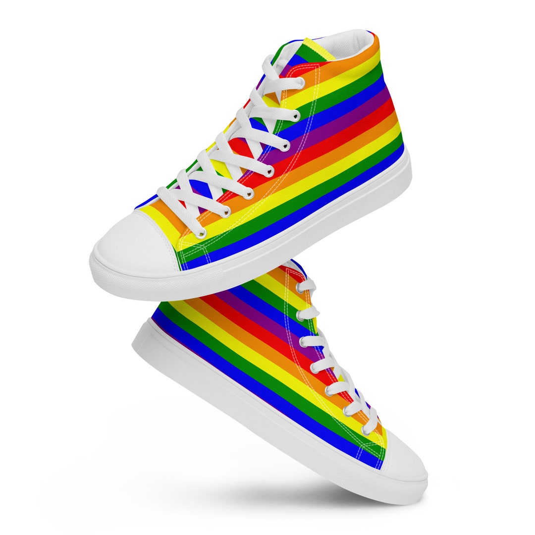 Women's Rainbow Striped Pride Flag Sneakers, Lace up High Top Canvas ...