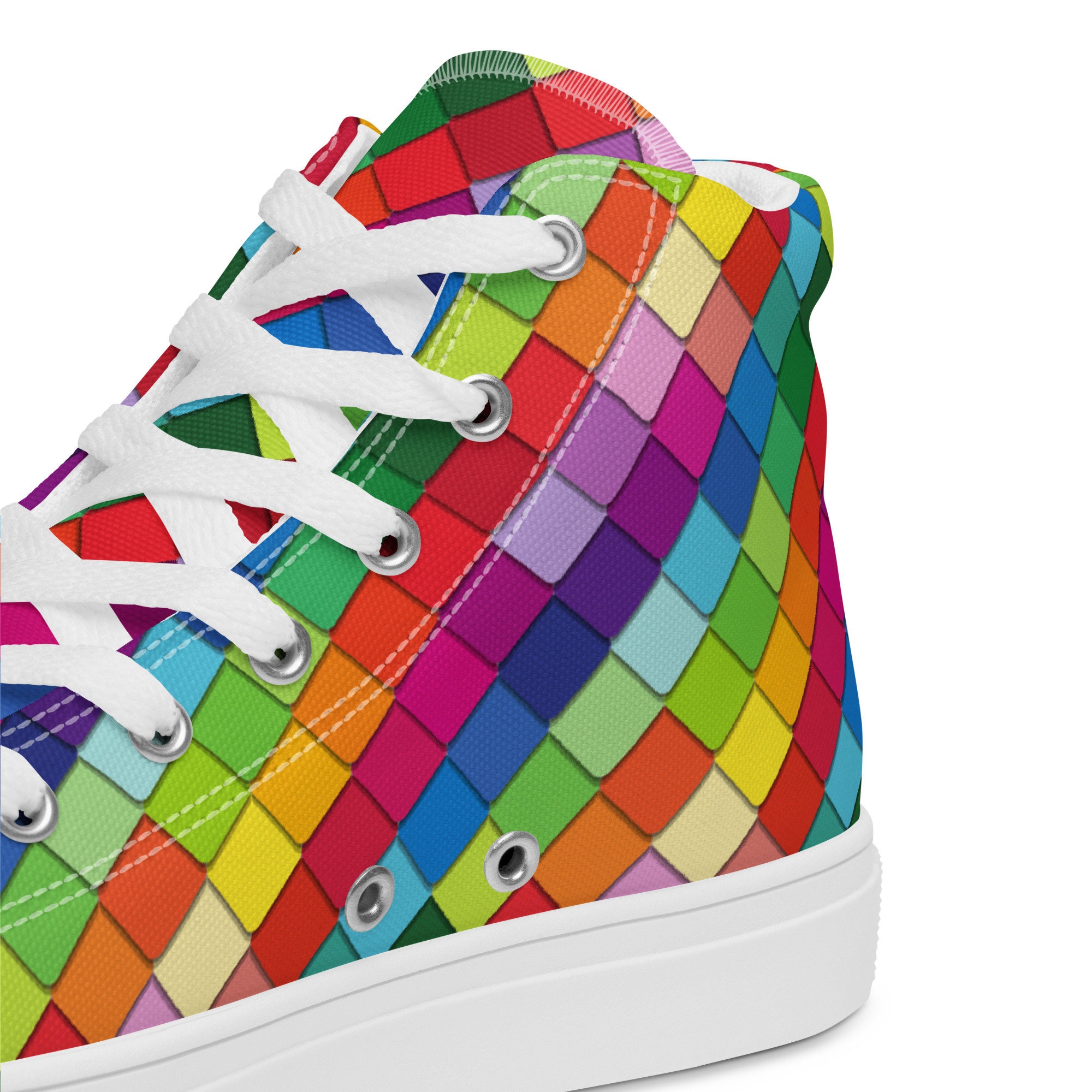 Women's Rainbow Checkered Pride Flag Sneakers, Lace up High Top Canvas ...