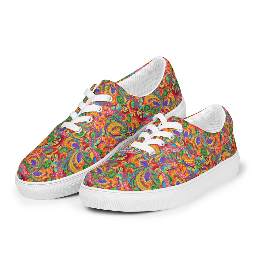 Retro Batik Floral Printed Men's Canvas Shoes, Low Top Lace-up Comfy ...