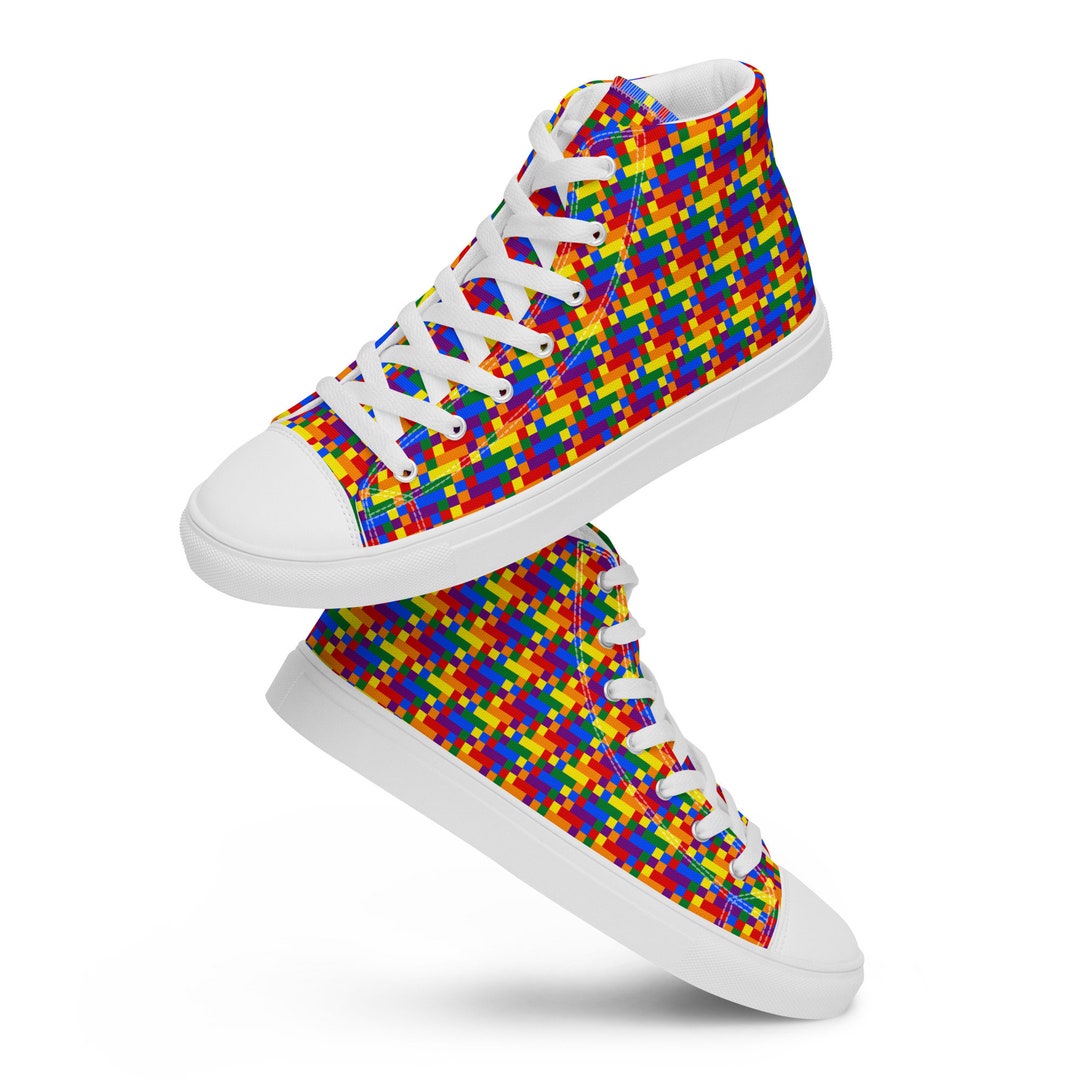 Men's Rainbow Pride Canvas Sneakers, Rainbow Checkered Lace up High Top ...