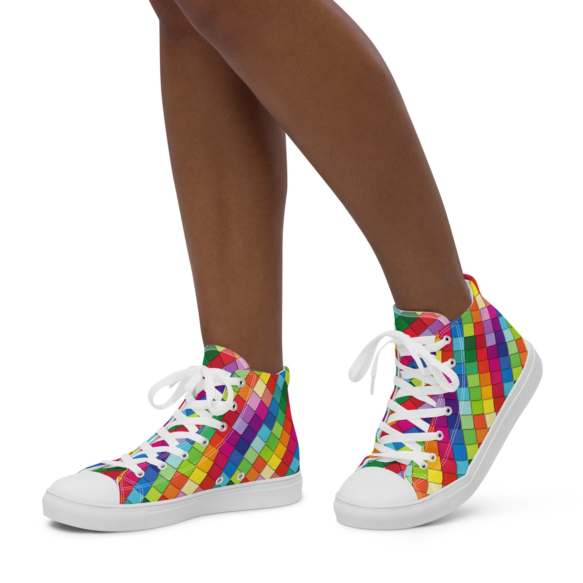 Women's Rainbow Checkered Pride Flag Sneakers, Lace up High Top Canvas ...
