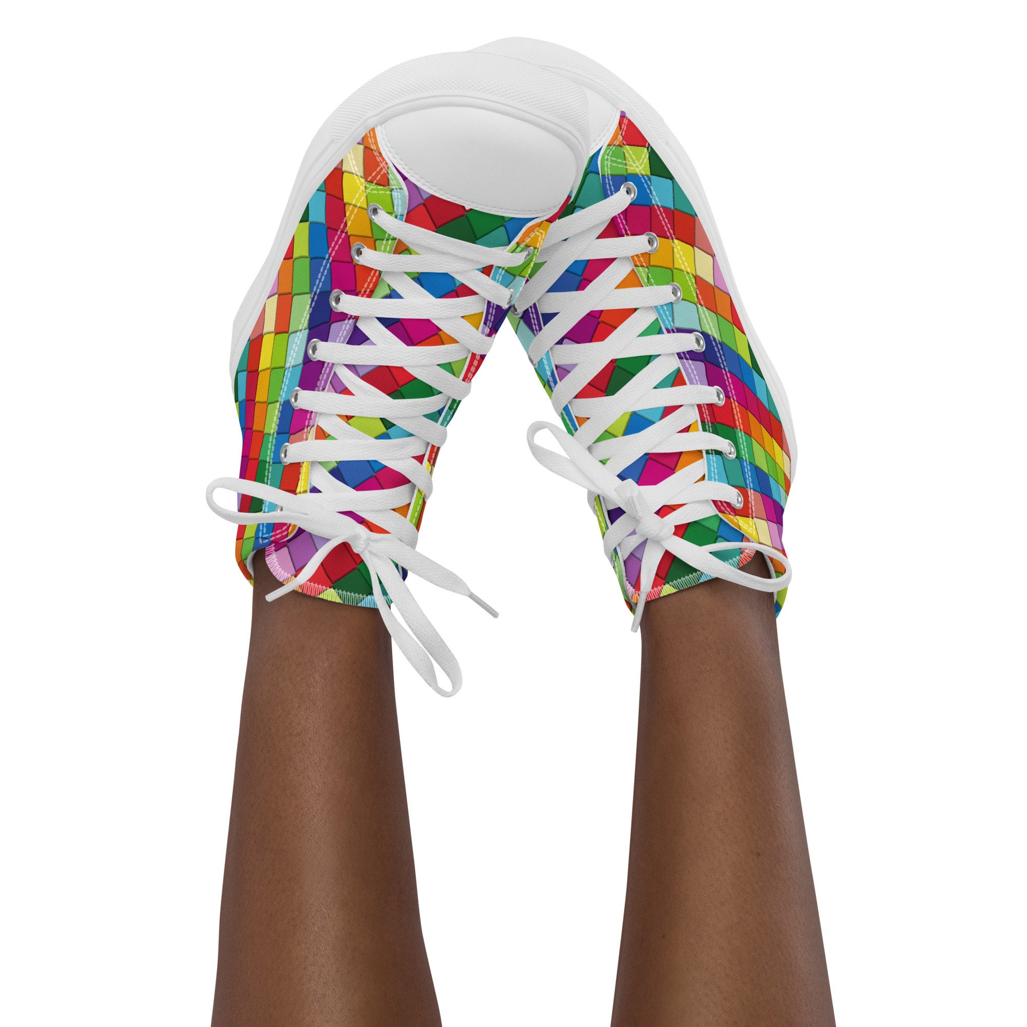 Women's Rainbow Checkered Pride Flag Sneakers, Lace up High Top Canvas ...