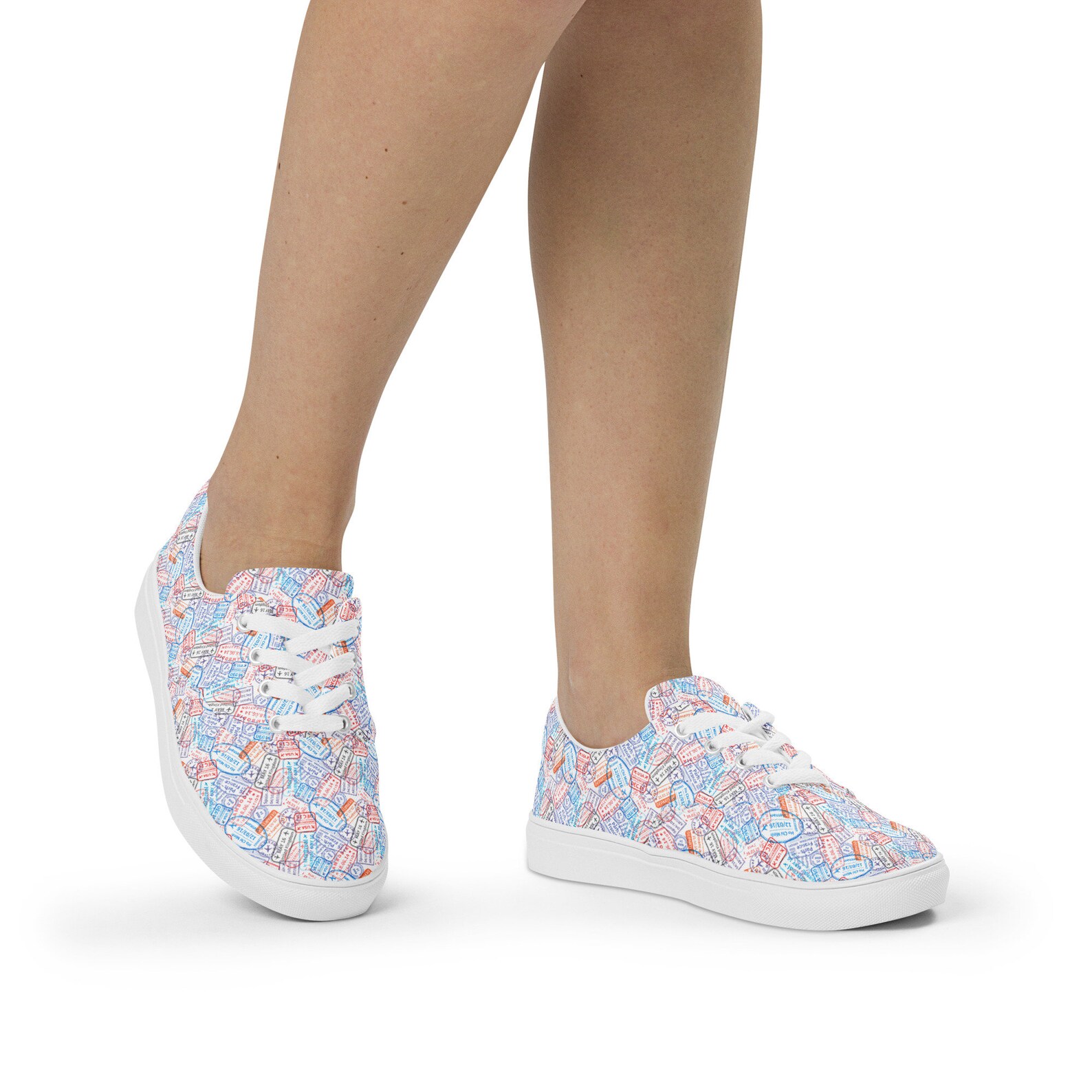Passport Stamps Printed Lace-up Sneakers Women, Low-top Wanderlust ...