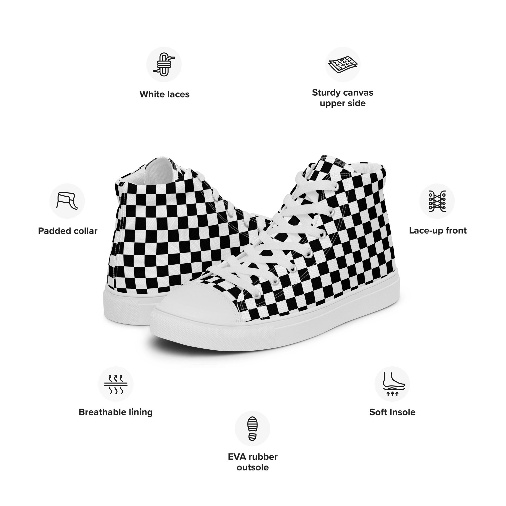 Black and White Checkered High-top Sneakers Women, Unique Colorful Lace ...