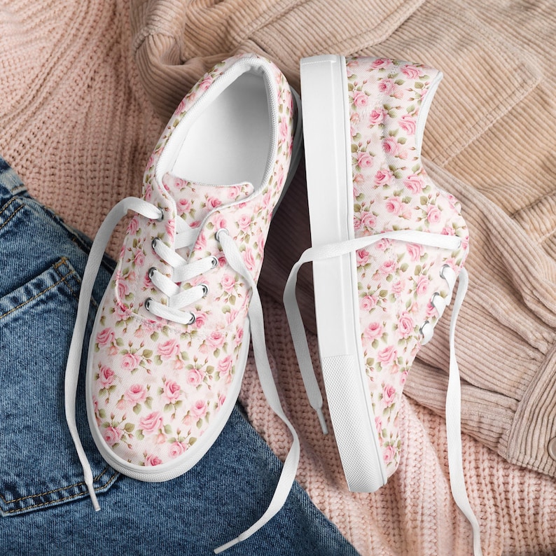 Pastel Pink Rose Flowers Printed Women's Canvas Shoes, Low-top Lace-up ...