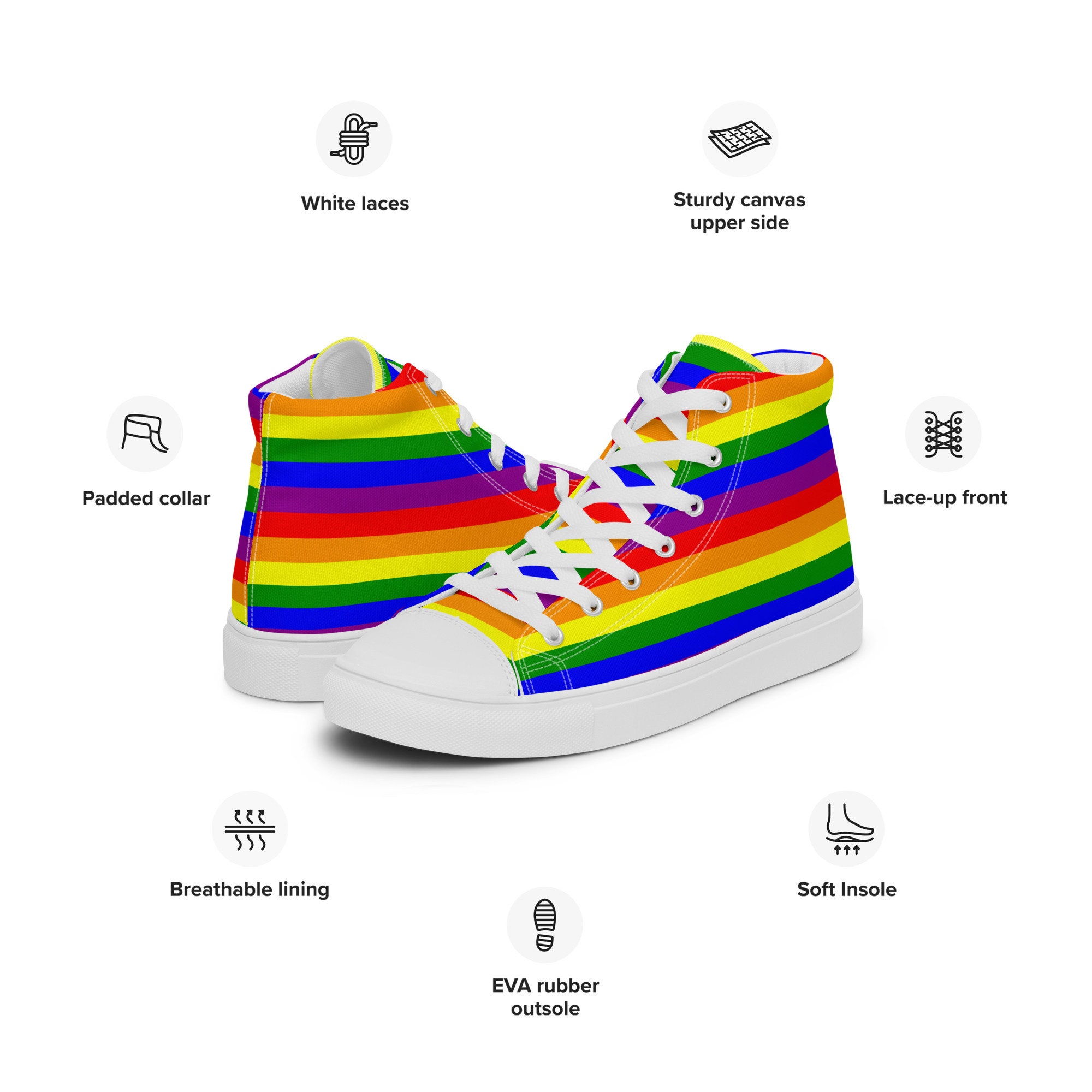 Women's Rainbow Striped Pride Flag Sneakers, Lace up High Top Canvas ...