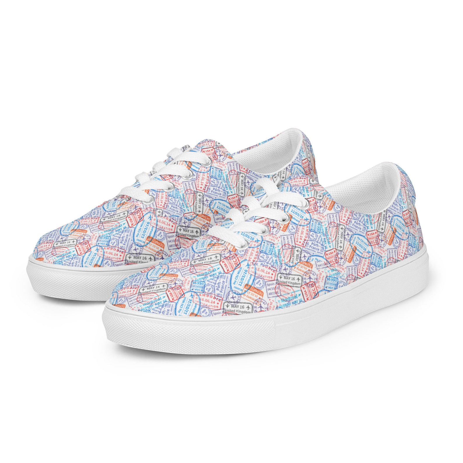 Passport Stamps Printed Lace-up Sneakers Women, Low-top Wanderlust ...